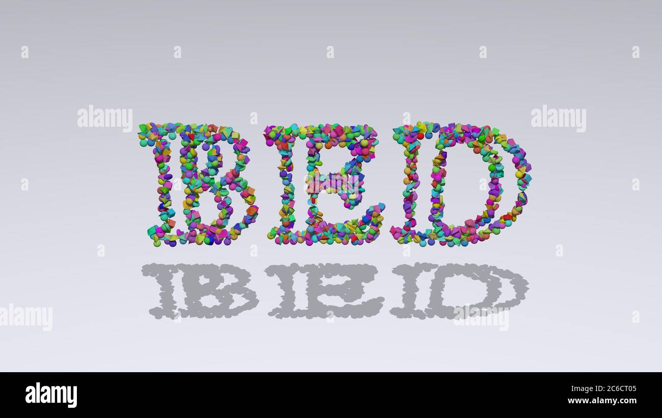 Colorful 3D writting of BED text with small objects over a white ...