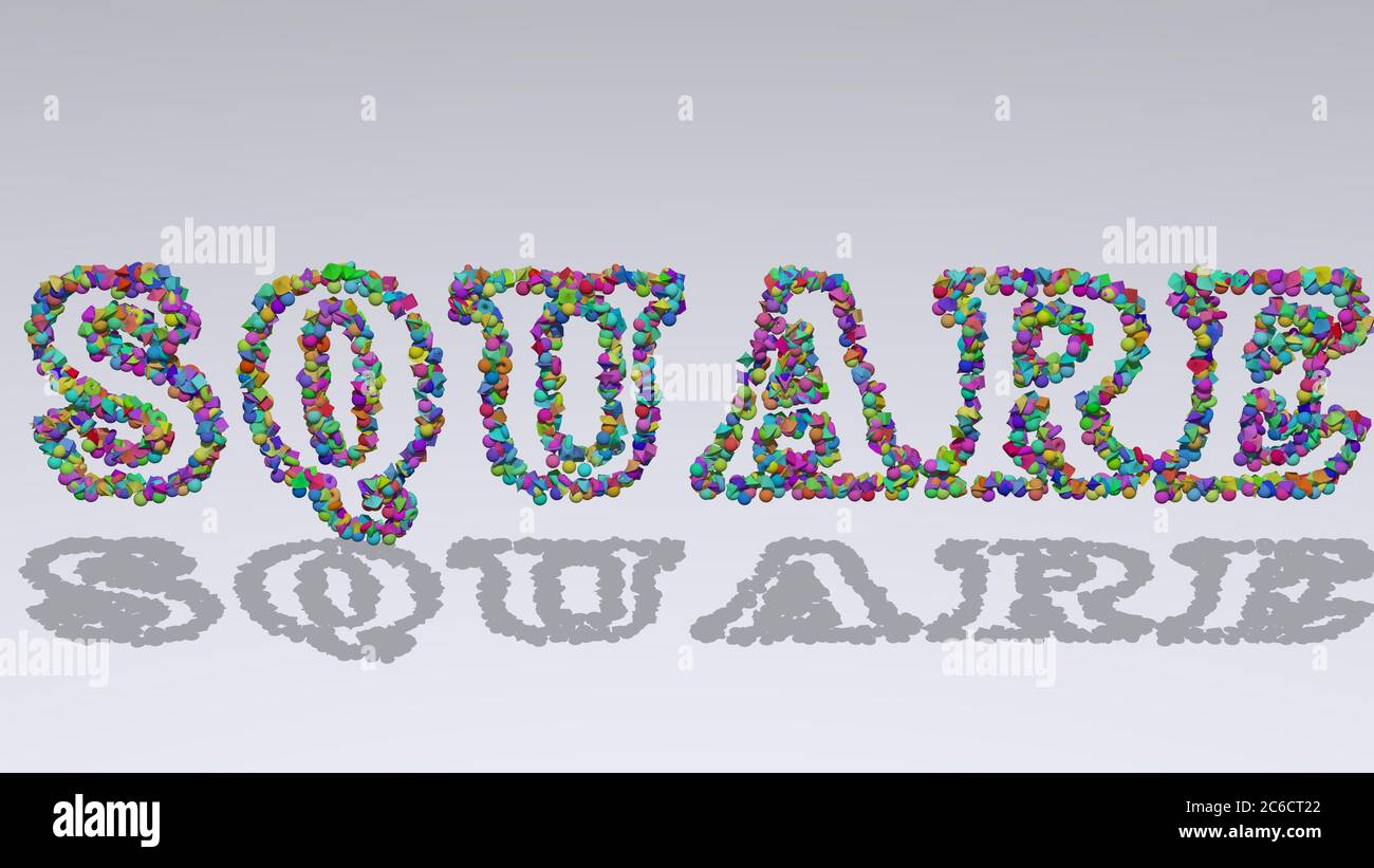 SQUARE written in 3D illustration by colorful small objects casting ...