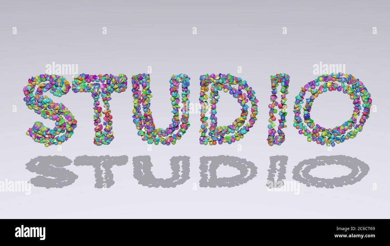STUDIO: 3D illustration of the text made of small objects over a white ...