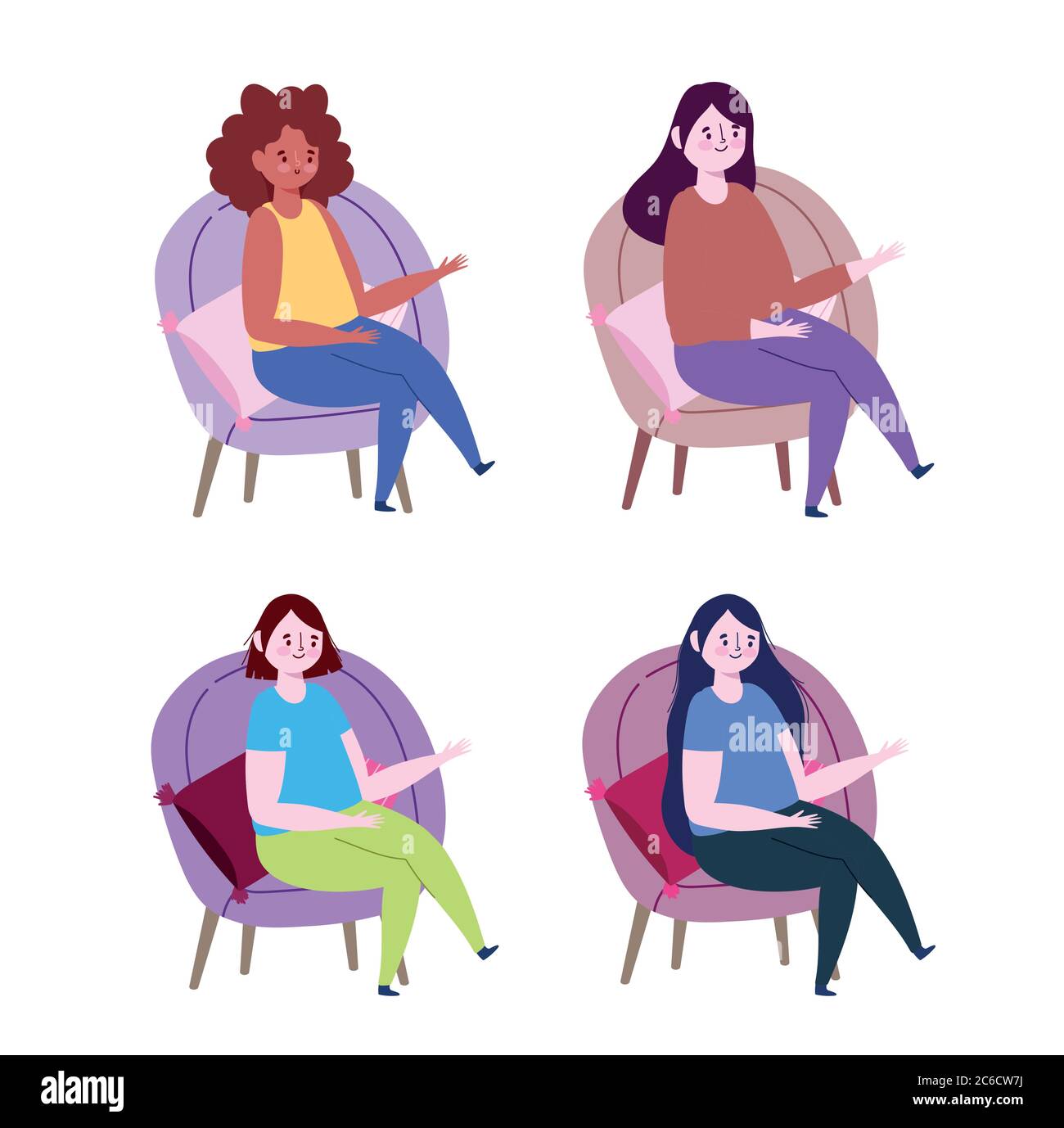 women characters sitting on chairs with cushions cartoon vector ...