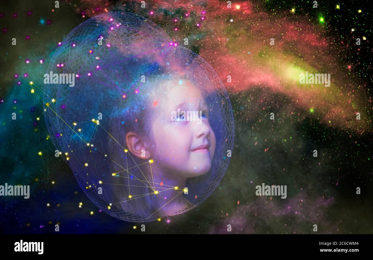 Childhood and dream concept. Conceptual image with girl dreaming about ...