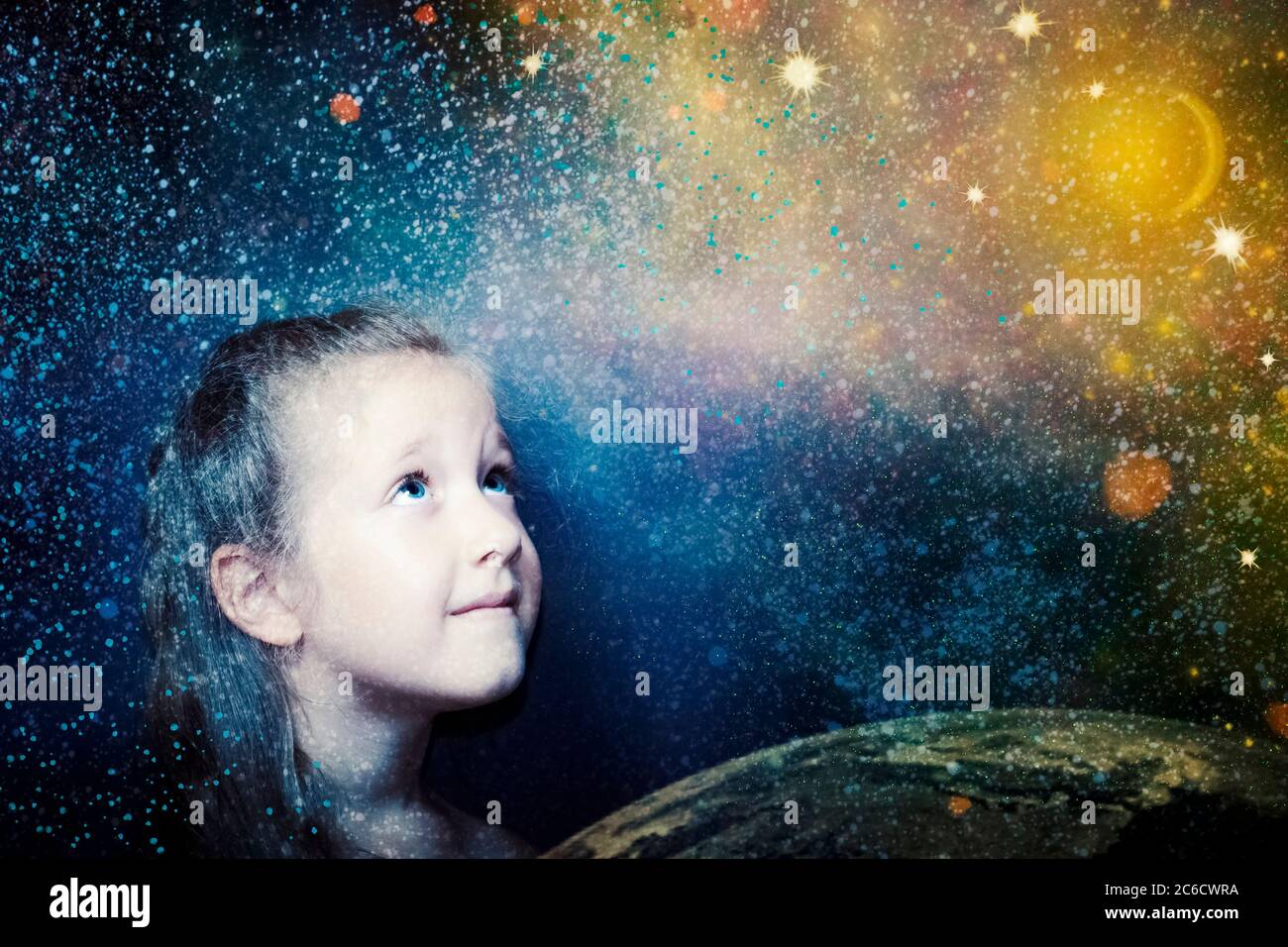 Childhood and dream concept. Conceptual image with girl dreaming about ...