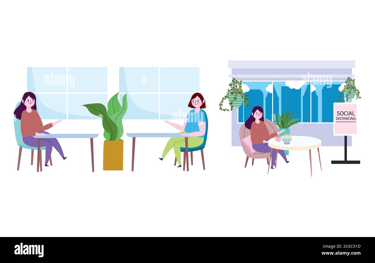 restaurant social distancing, women keep physical distance in food shop ...