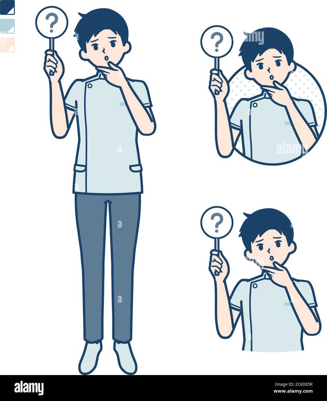 A young nurse man with Put out a question panel image. It's vector art ...