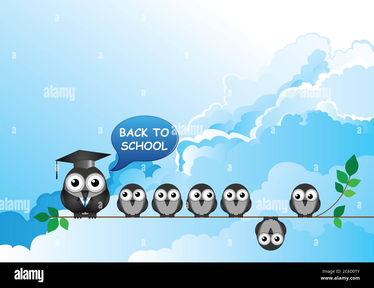Comical back to school message with teacher and students sat on a ...
