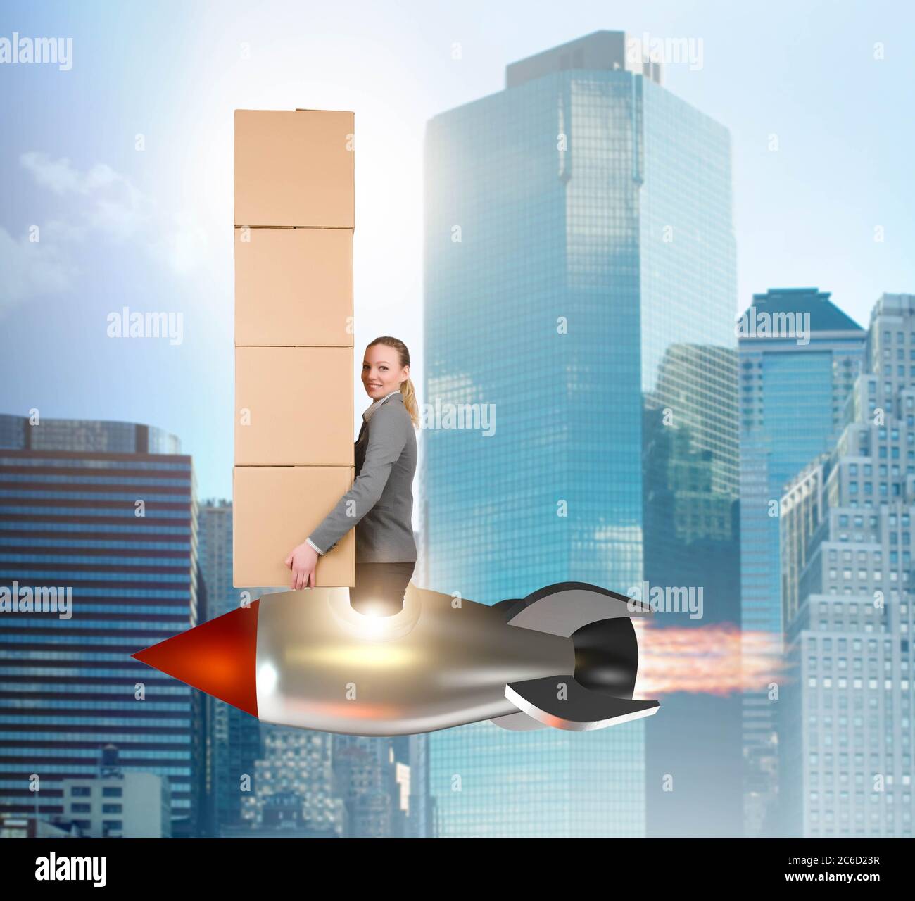 The woman flying rocket and delivering boxes Stock Photo - Alamy