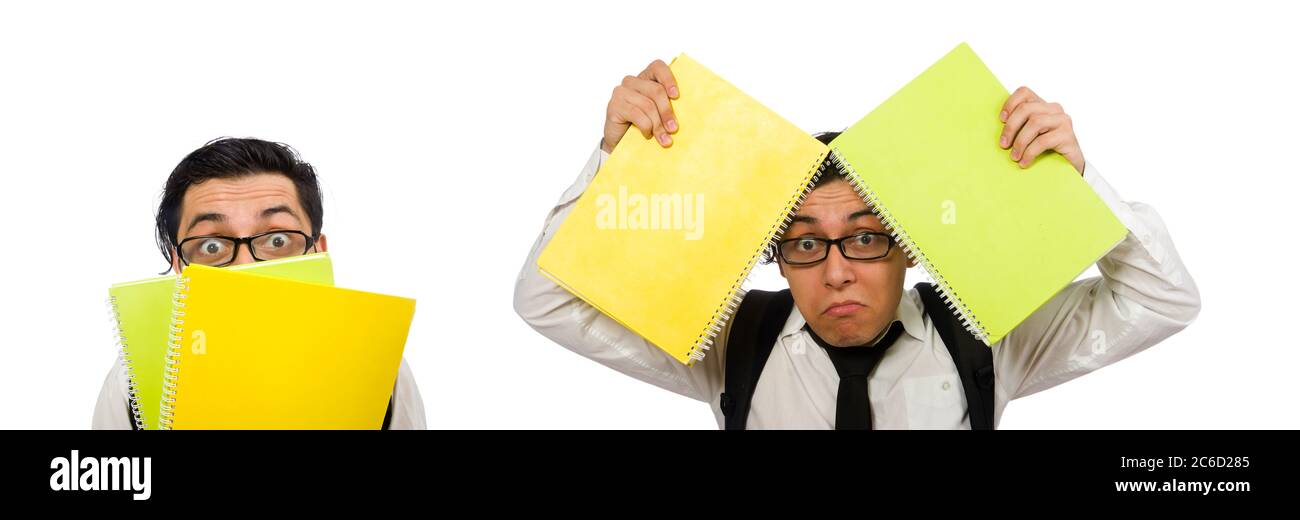 The male student holding notes isolated on white Stock Photo - Alamy