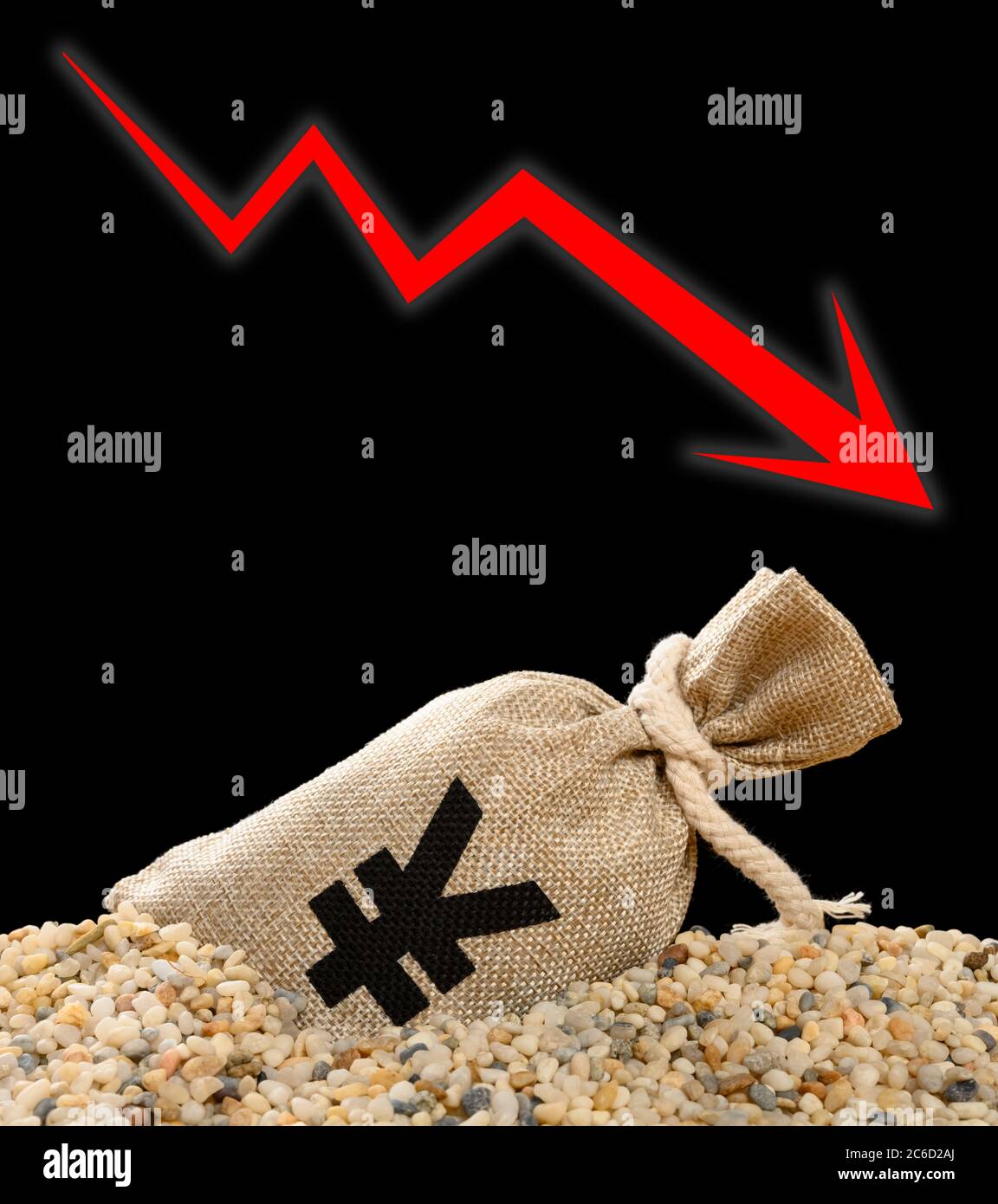 RMB money bag sink into rubble and a fluctuation arrow on background ...