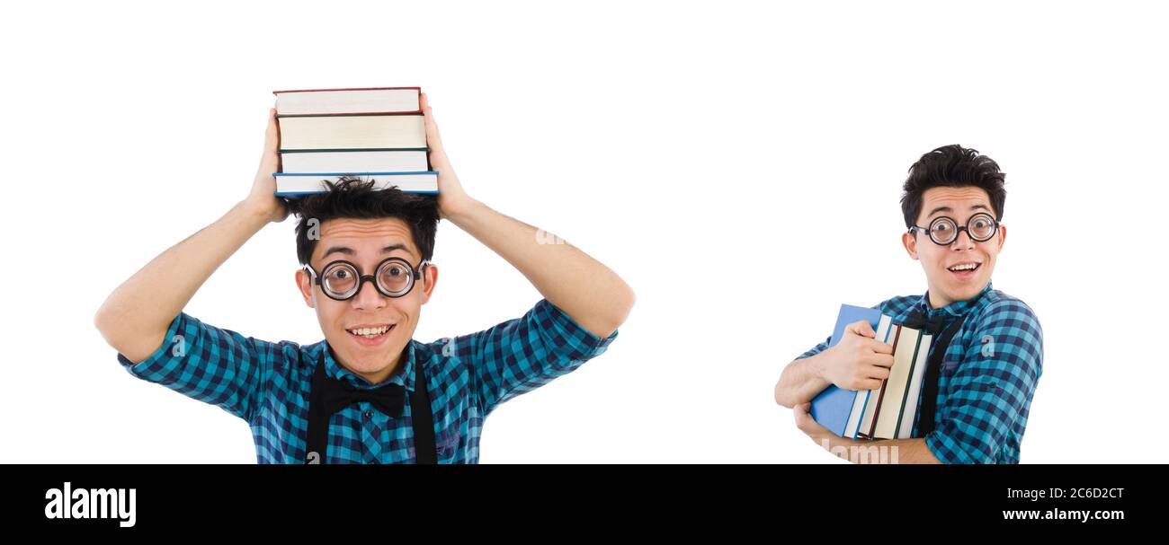 The funny student with stack of books Stock Photo - Alamy