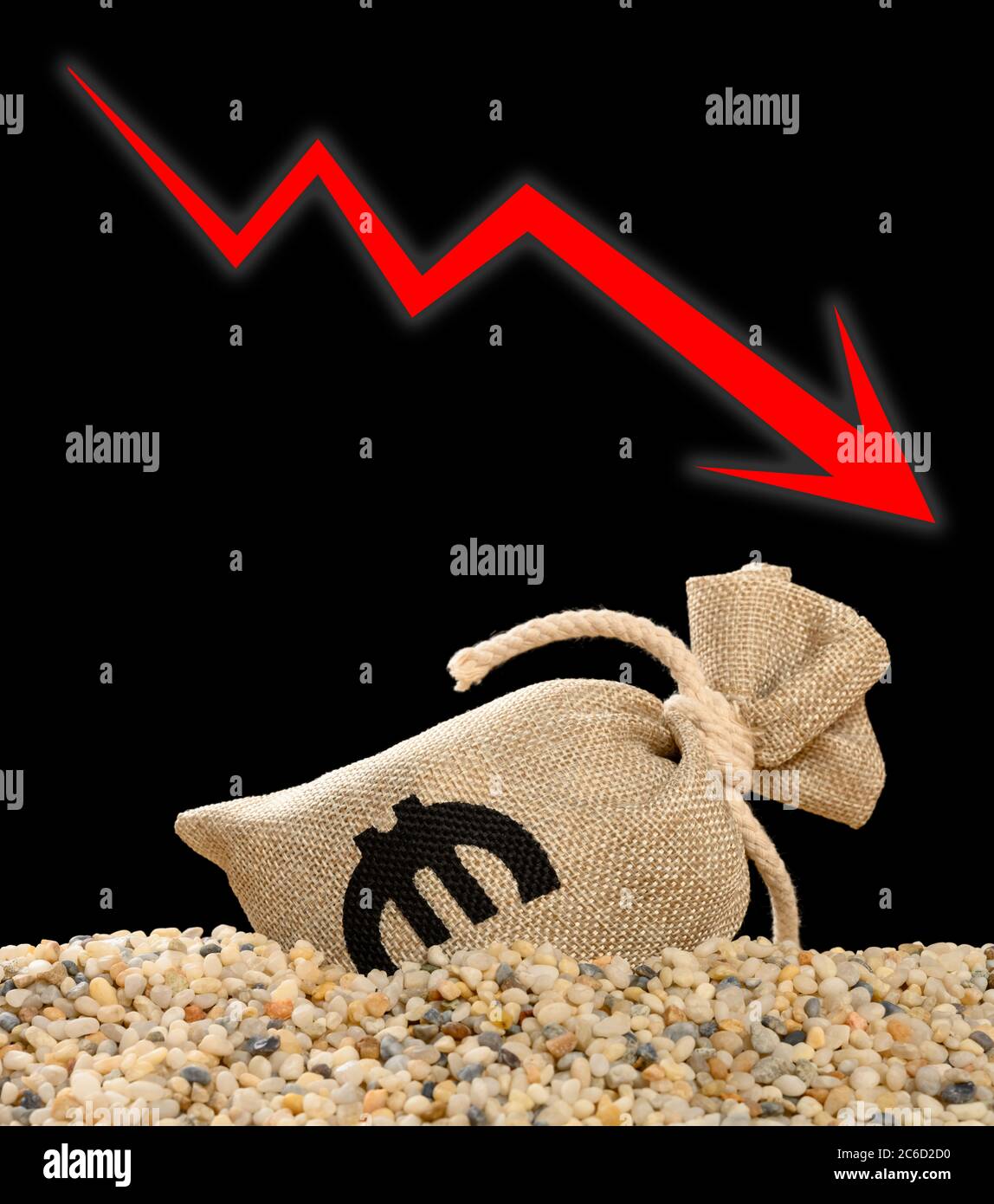 EURO money bag sink into rubble and a fluctuation arrow on background ...