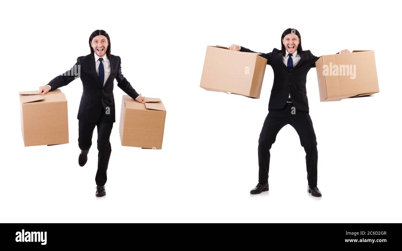 The funny man with boxes on white Stock Photo - Alamy