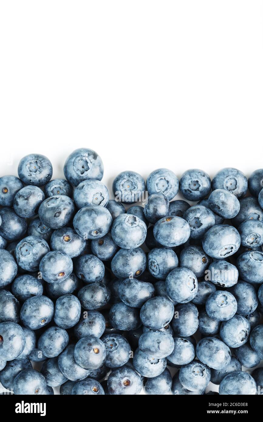 Tasty blueberries fruit are scattered on a white background. Frame ...