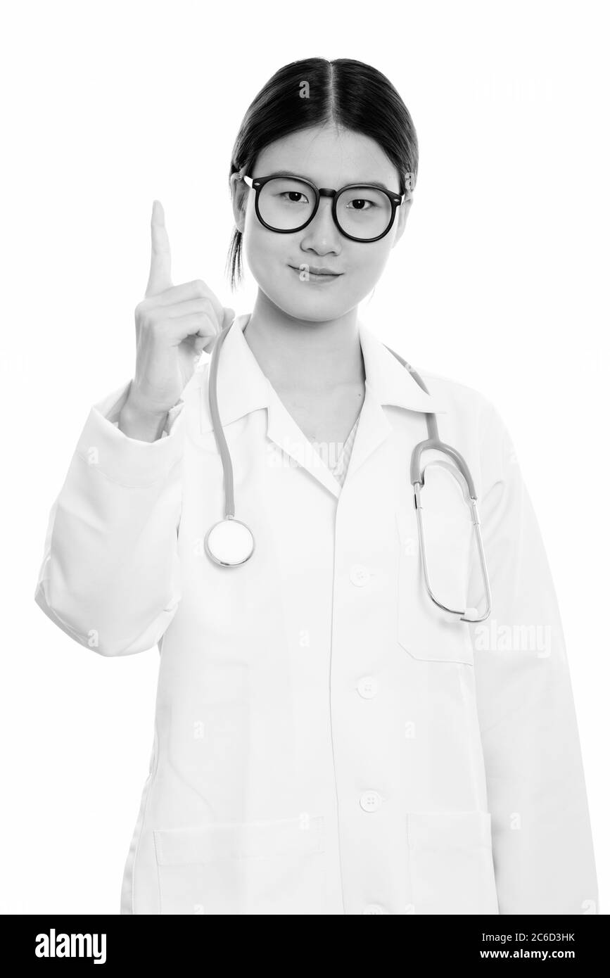 Asian woman finger point up Black and White Stock Photos & Images - Alamy