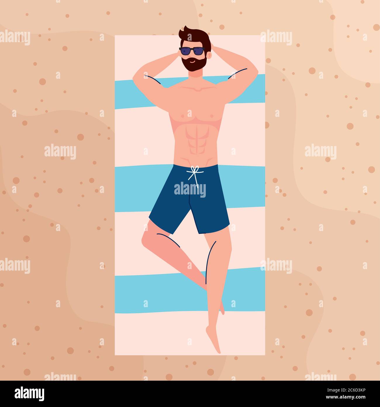 view aerial, man lying tanning in the beach, summer vacation season ...