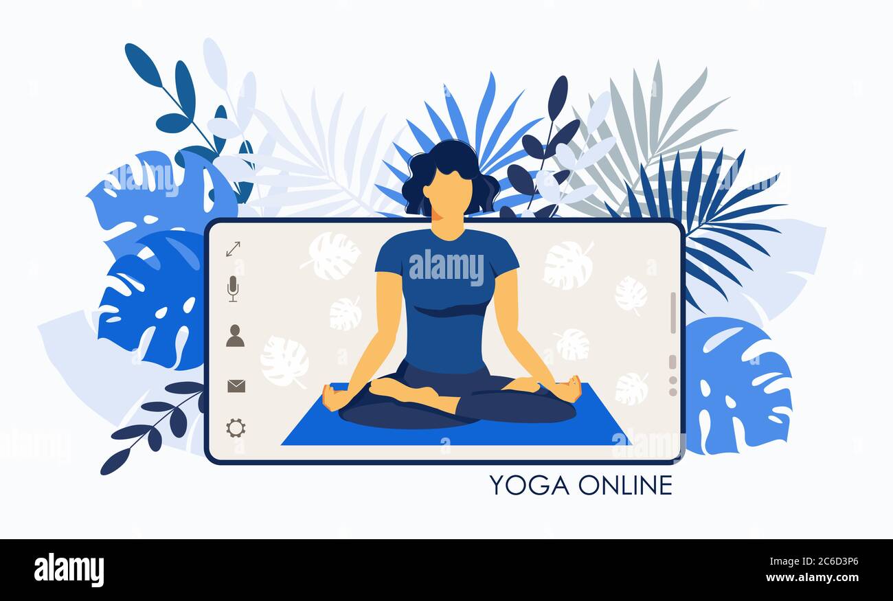 Yoga online. Girl coach on a smartphone screen conducts a lesson live ...