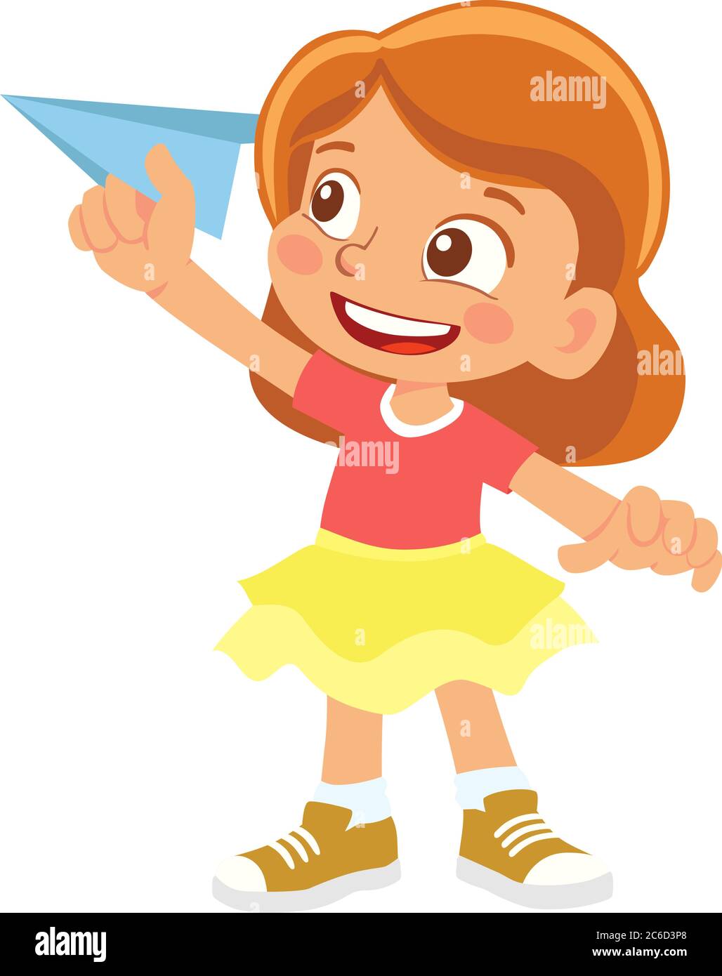 Girl holds paper plane. Happy kid playing with paper airplane Stock ...
