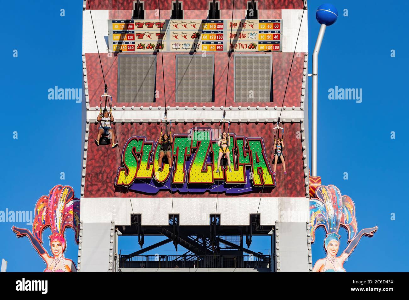 Las Vegas, JUN 23, 2020 -Afternoon view of the fun SlotZilla Zip Line ...