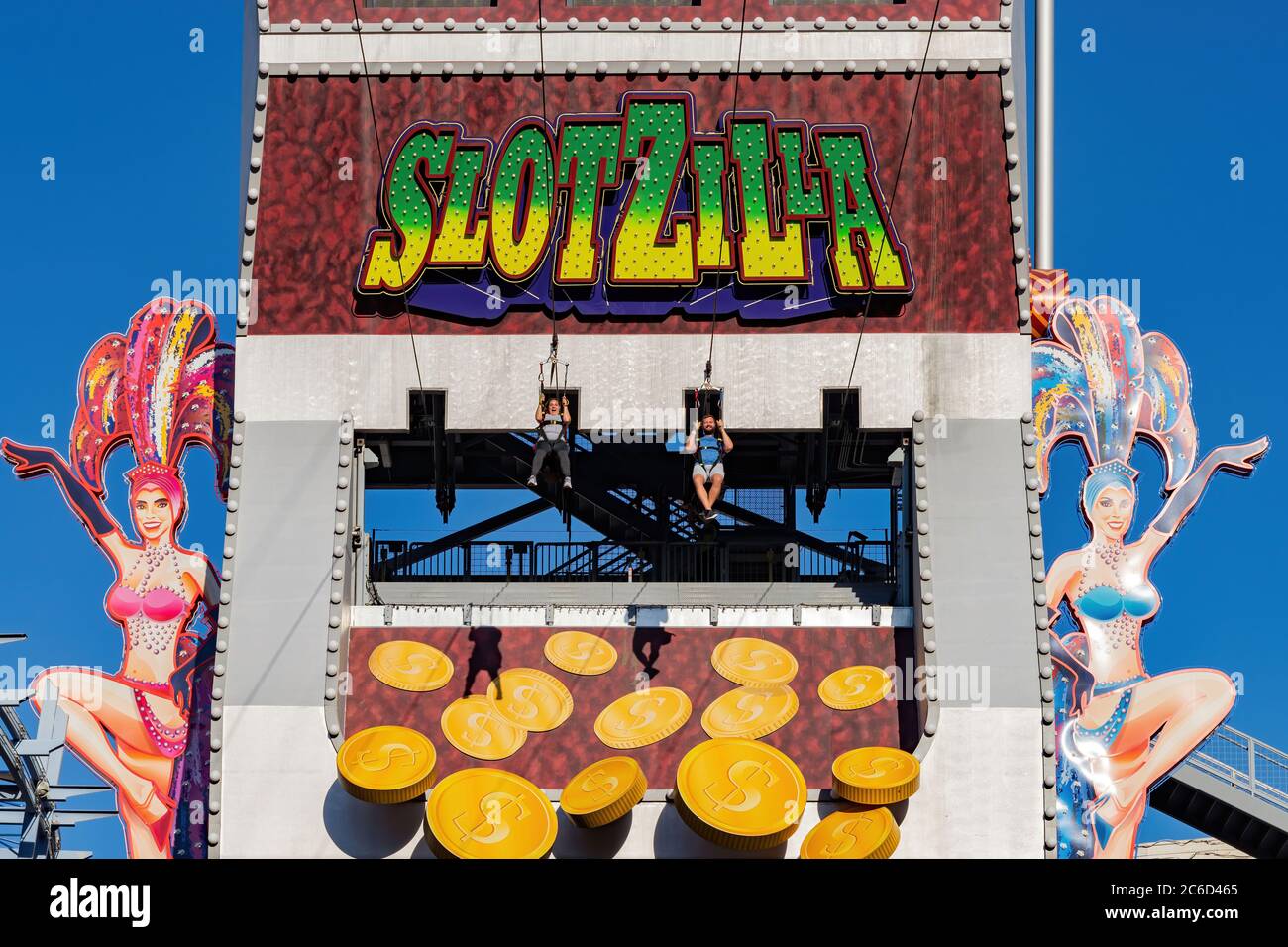 Las Vegas, JUN 23, 2020 -Afternoon view of the fun SlotZilla Zip Line ...
