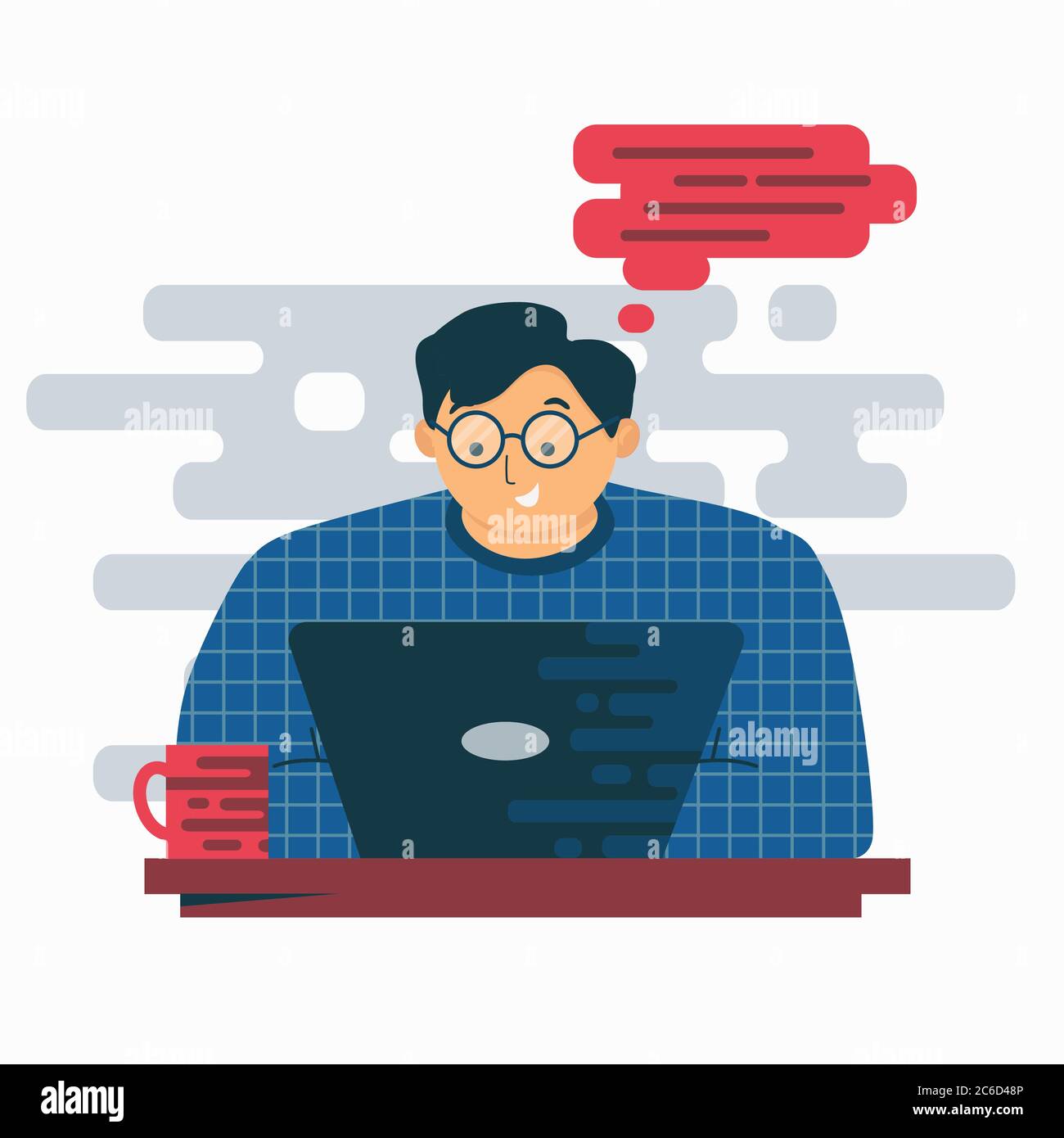 The guy works at the computer. Freelance, remote work at home. Chatting ...