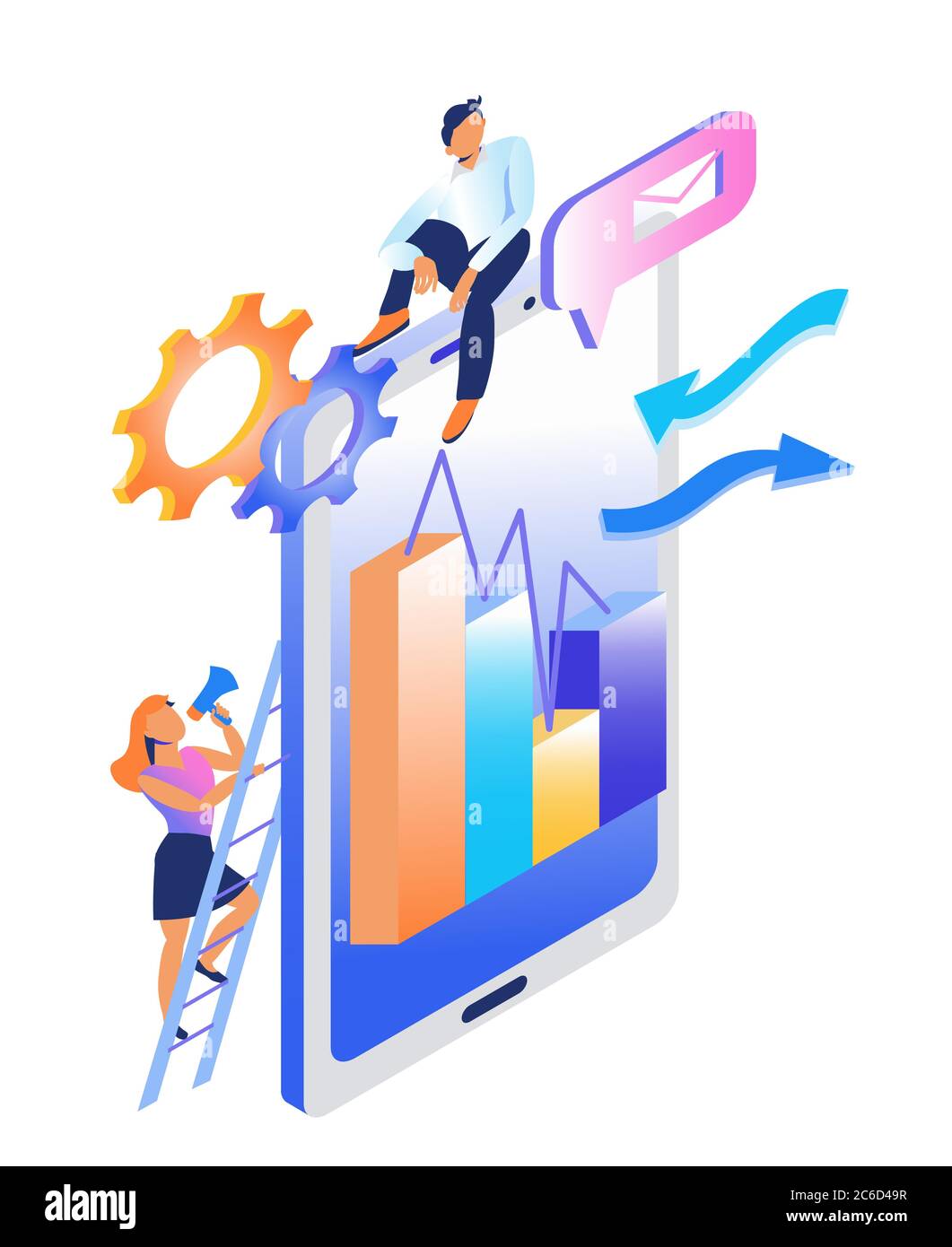 Conceptual web seo illustration. Work in a young team. Flat isometric ...