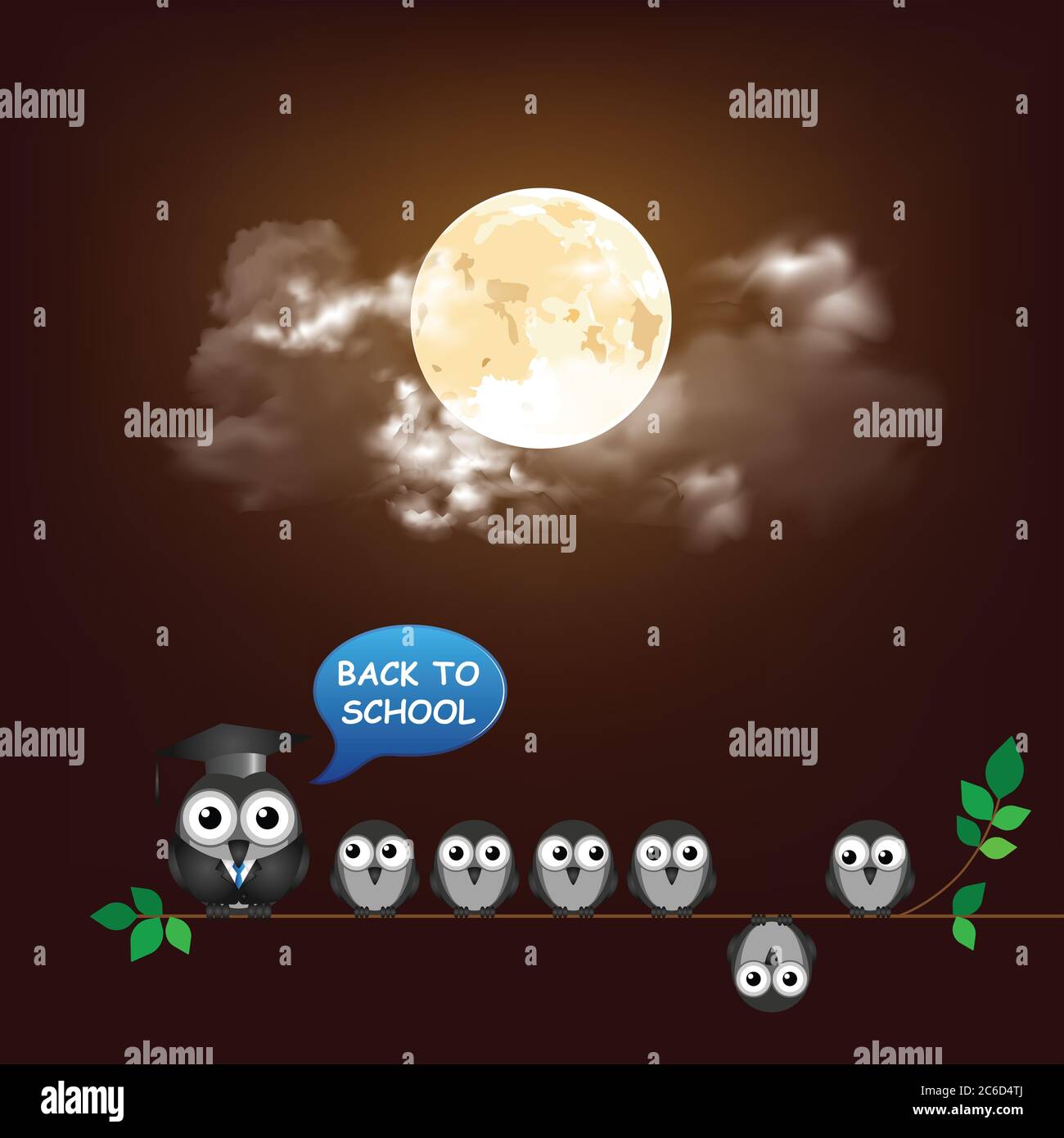 Comical back to school message with teacher and students sat on a ...