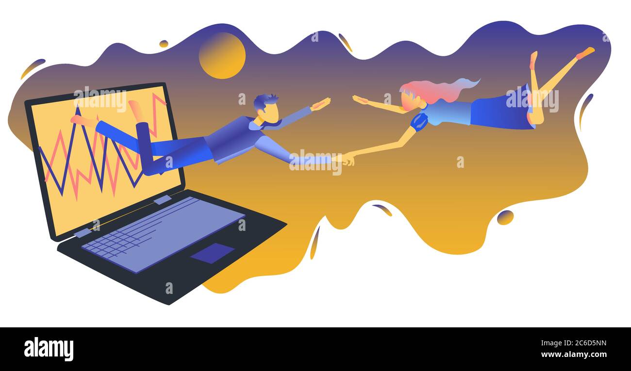 A faceless guy and a girl are floating in the air holding hands. Man ...