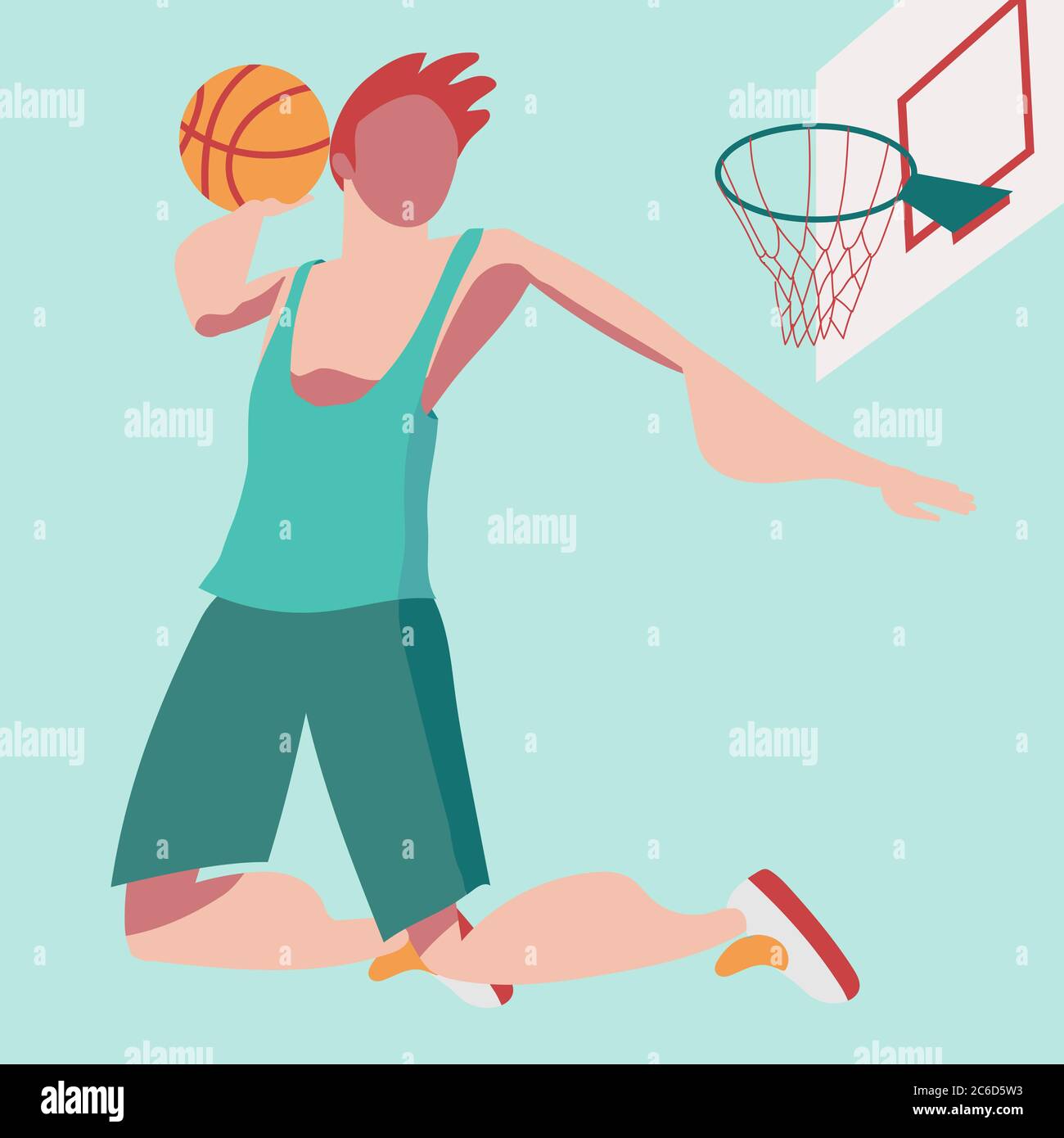 Flat illustration with a bouncing basketball player. Throw the ball ...