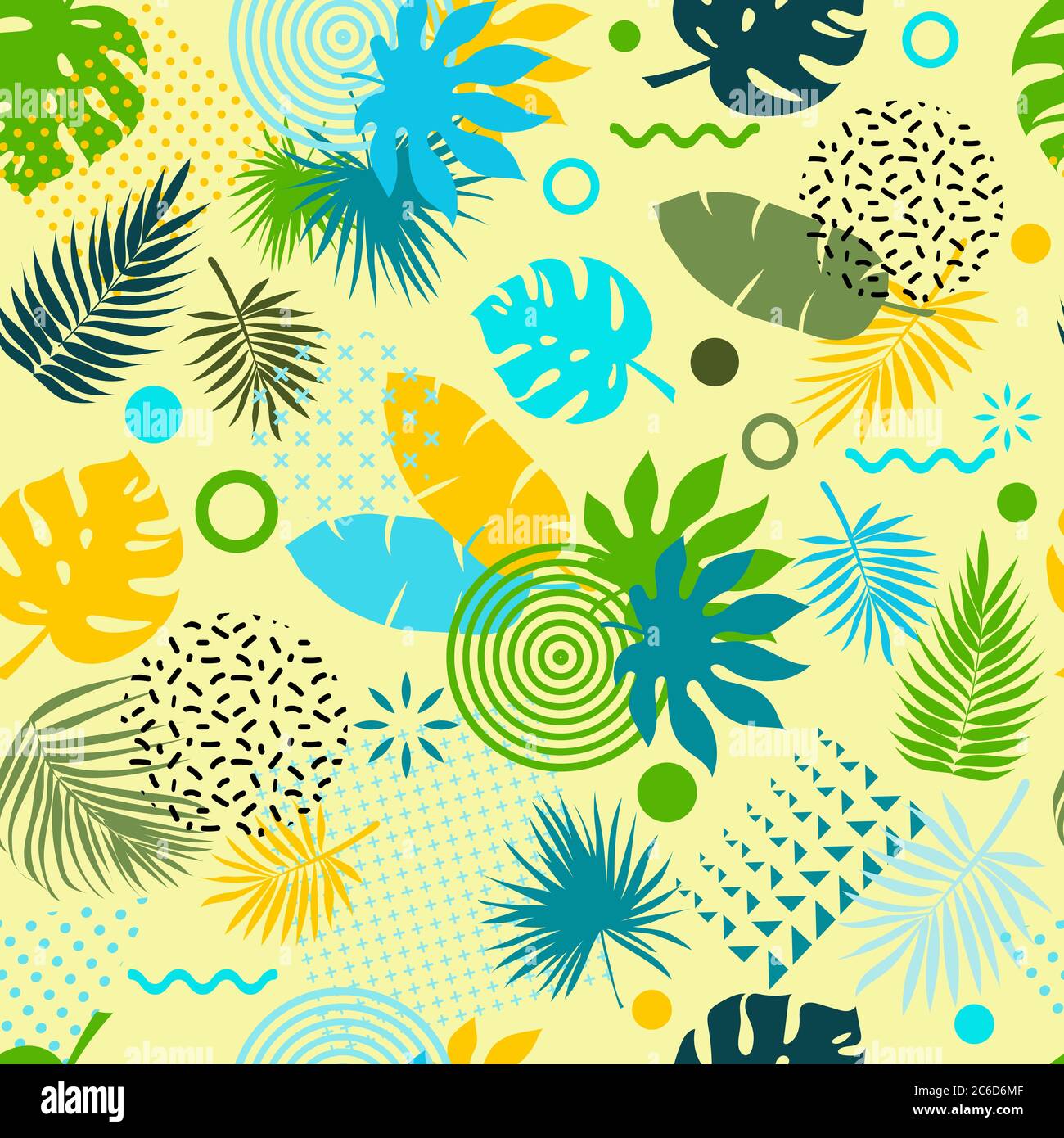 Seamless pattern with tropical leaves of plants. Flat style. Yellow ...