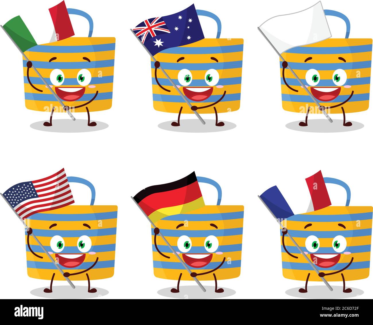Beach Bag Cartoon Character Bring The Flags Of Various Countries Stock
