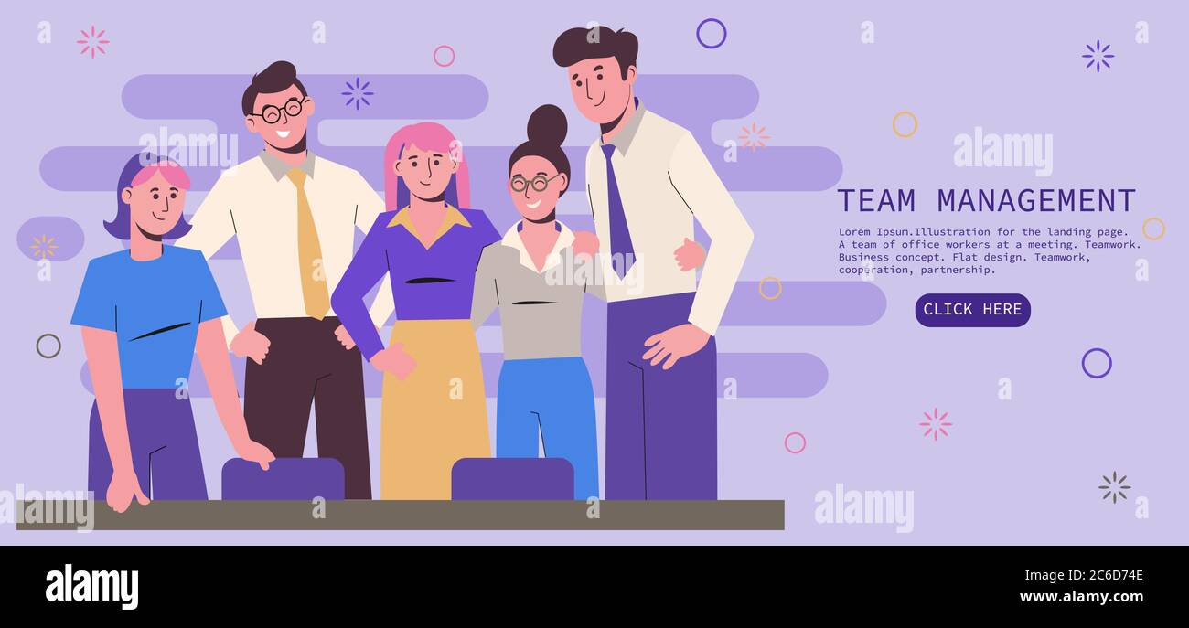 Illustration for the landing page. A team of office workers at a ...