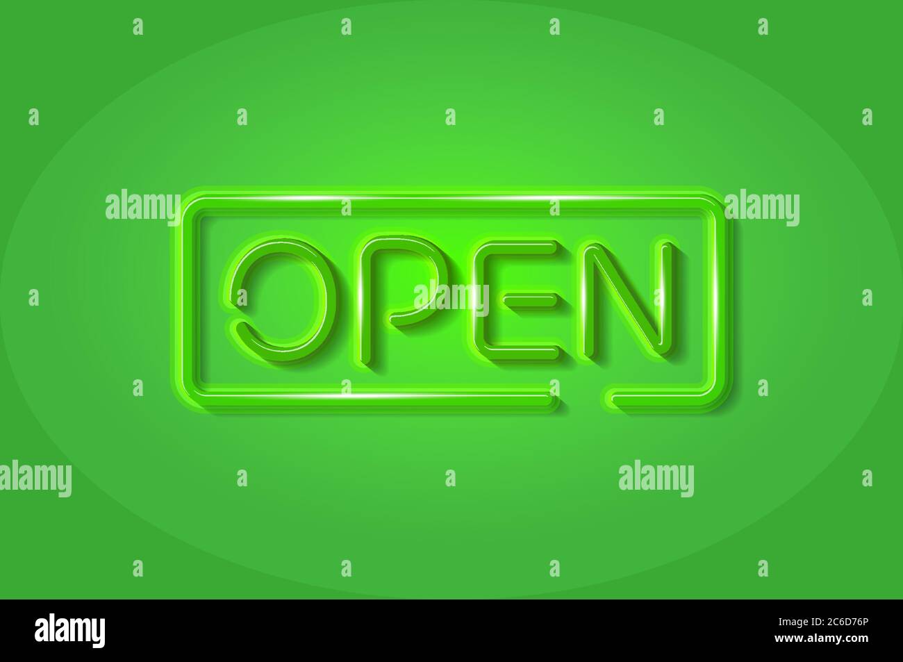 Open green letters glowing 3D symbol, card template. Realistic vector ...