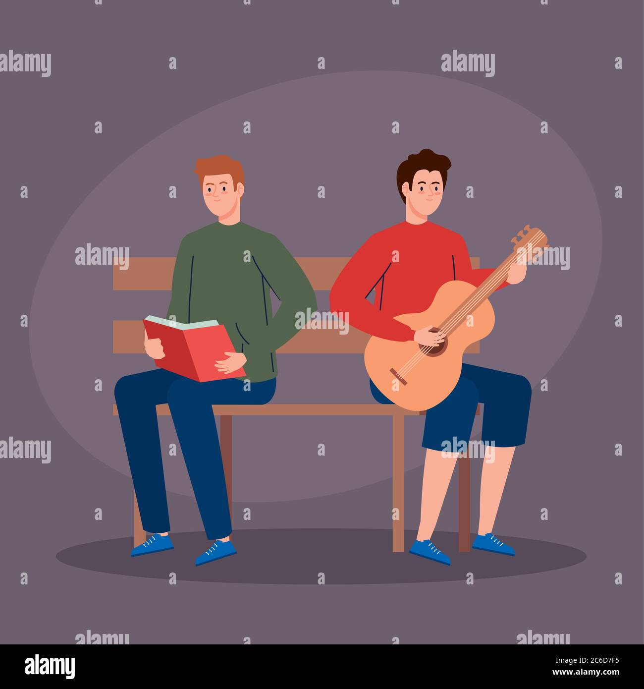 Men Sitting In Park Chair Young Man Playing Guitar And Man Reading