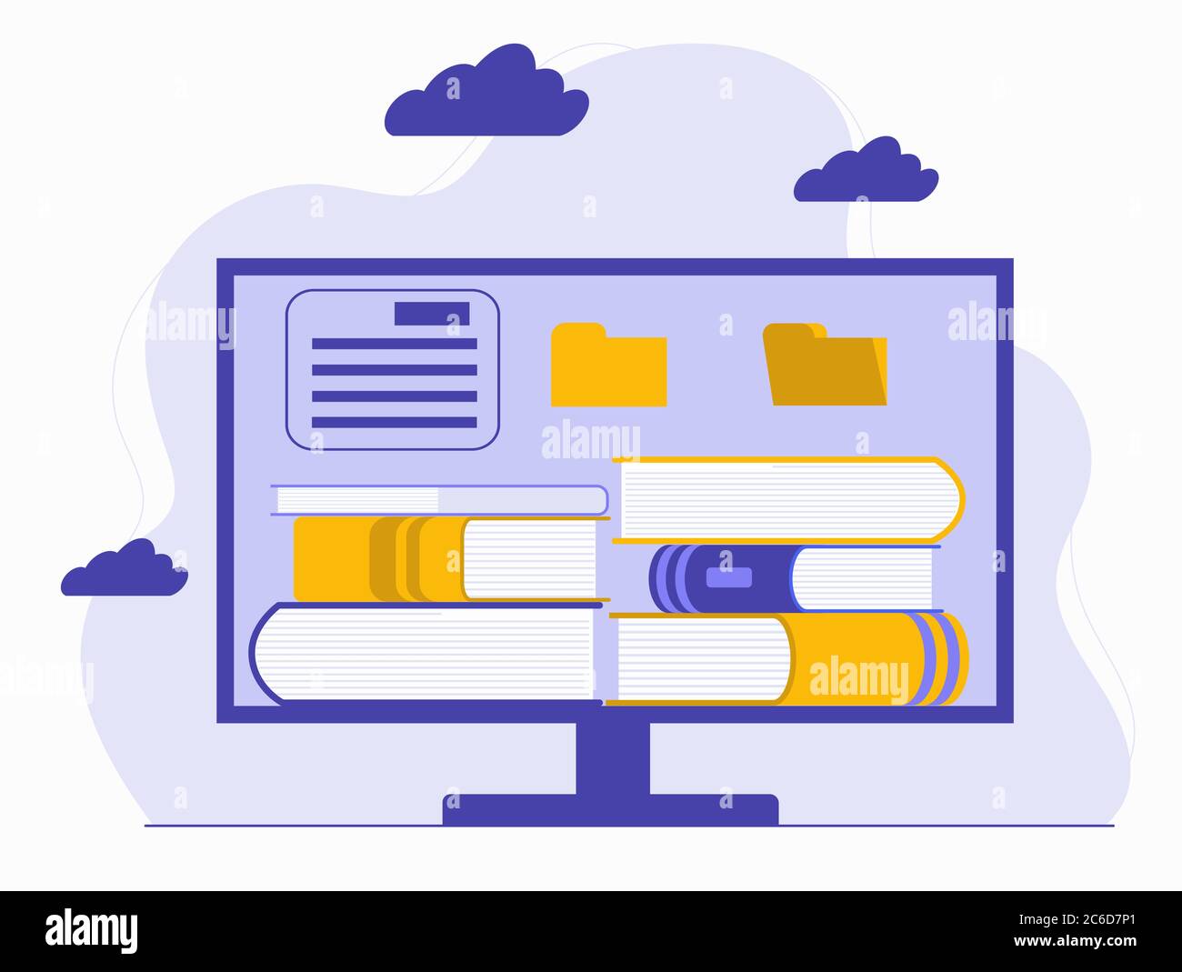 Computer monitor with stack of books. Reading literature, gaining ...
