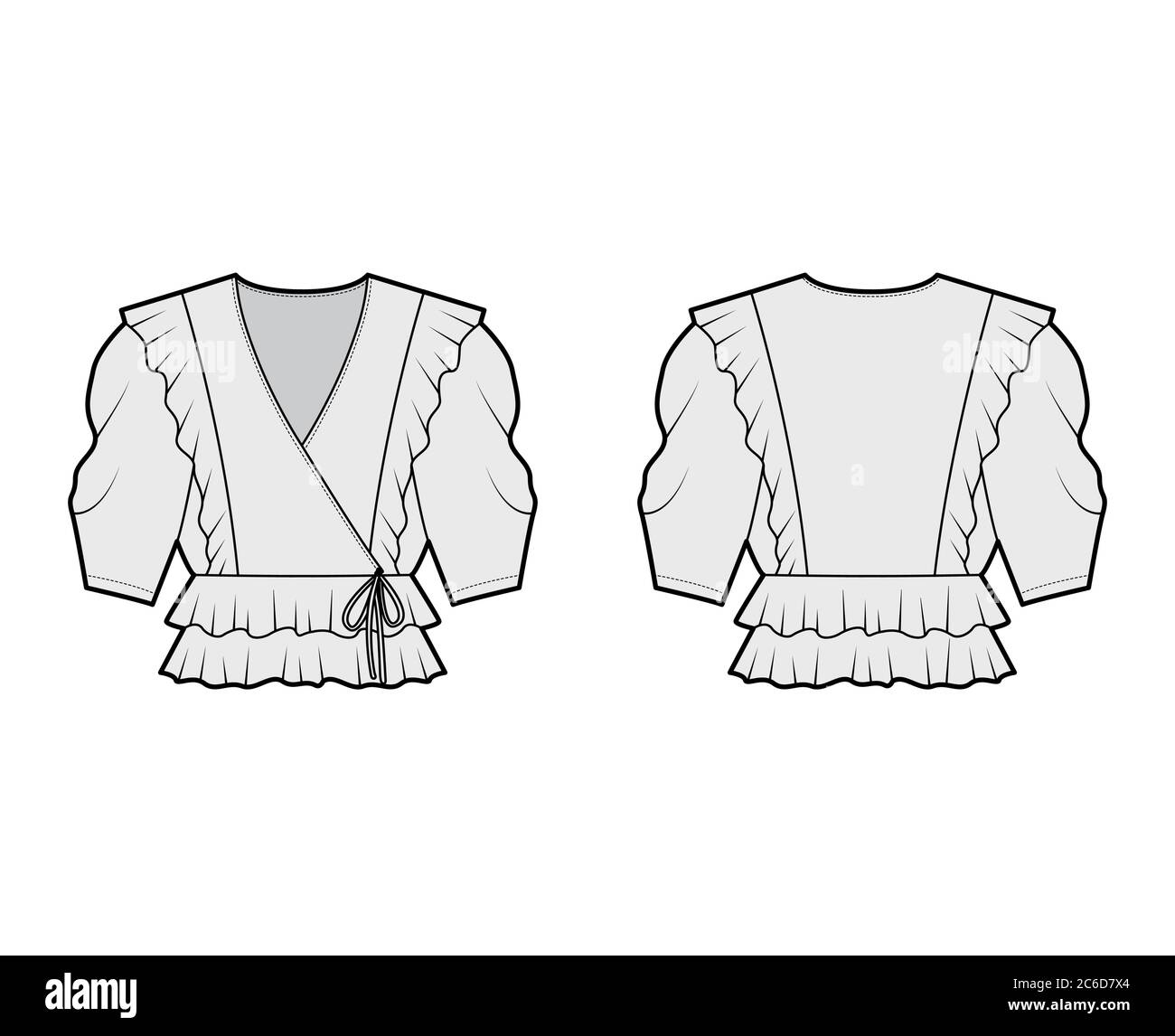 Ruffled wrap blouse technical fashion illustration with peplum hem ...