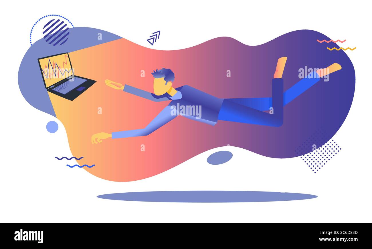 A guy hovering in the air with a laptop. Flat illustration. Man in ...