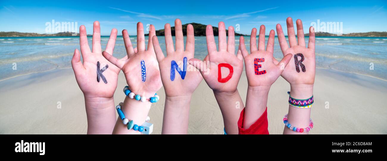 Children Hands Building Word Kinder Means Kids, Ocean Background Stock ...