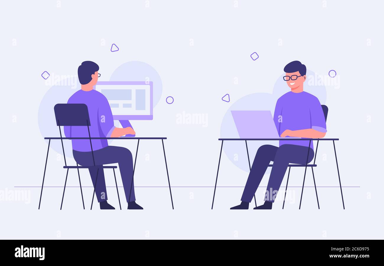 Guy character sit chair work use devices computer laptop on desk with ...