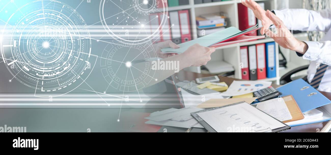 Overworked businessman refusing work; panoramic banner Stock Photo - Alamy