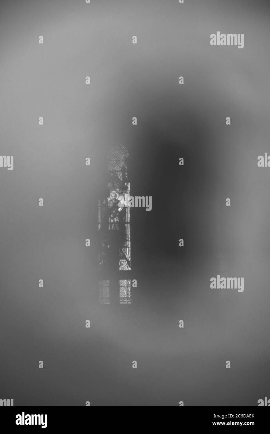 BRITANNY, FRANCE - AUGUST 4, 2018: Stained glass window with Saint ...