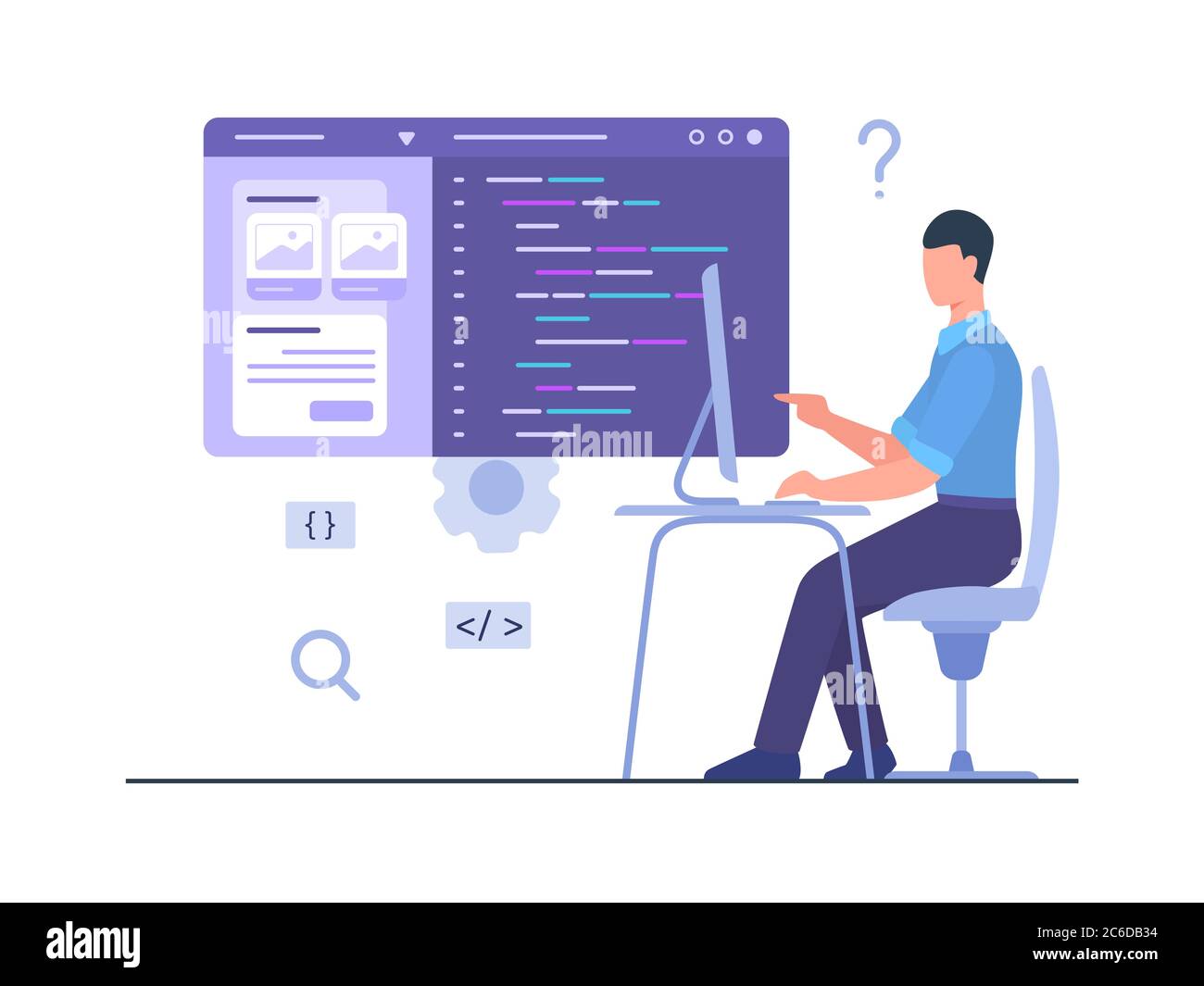 Man Programer Sit Chair Work On Computer Create Development Mobile App With Flat Cartoon Style
