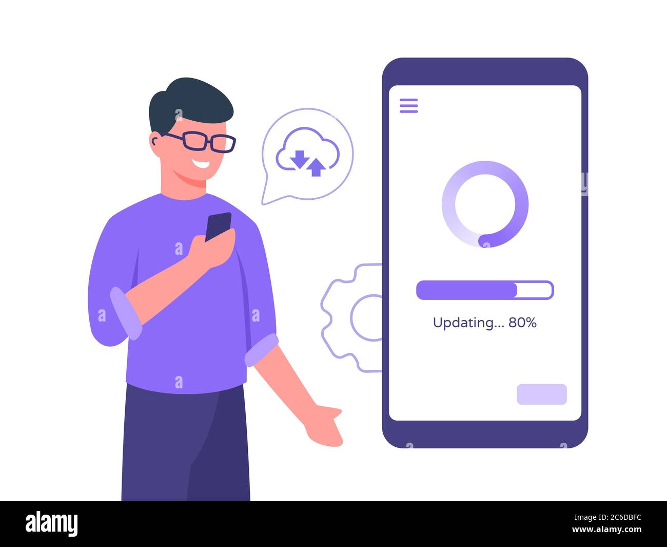 Guy character wear glasses holding smart phone update process mobile ...