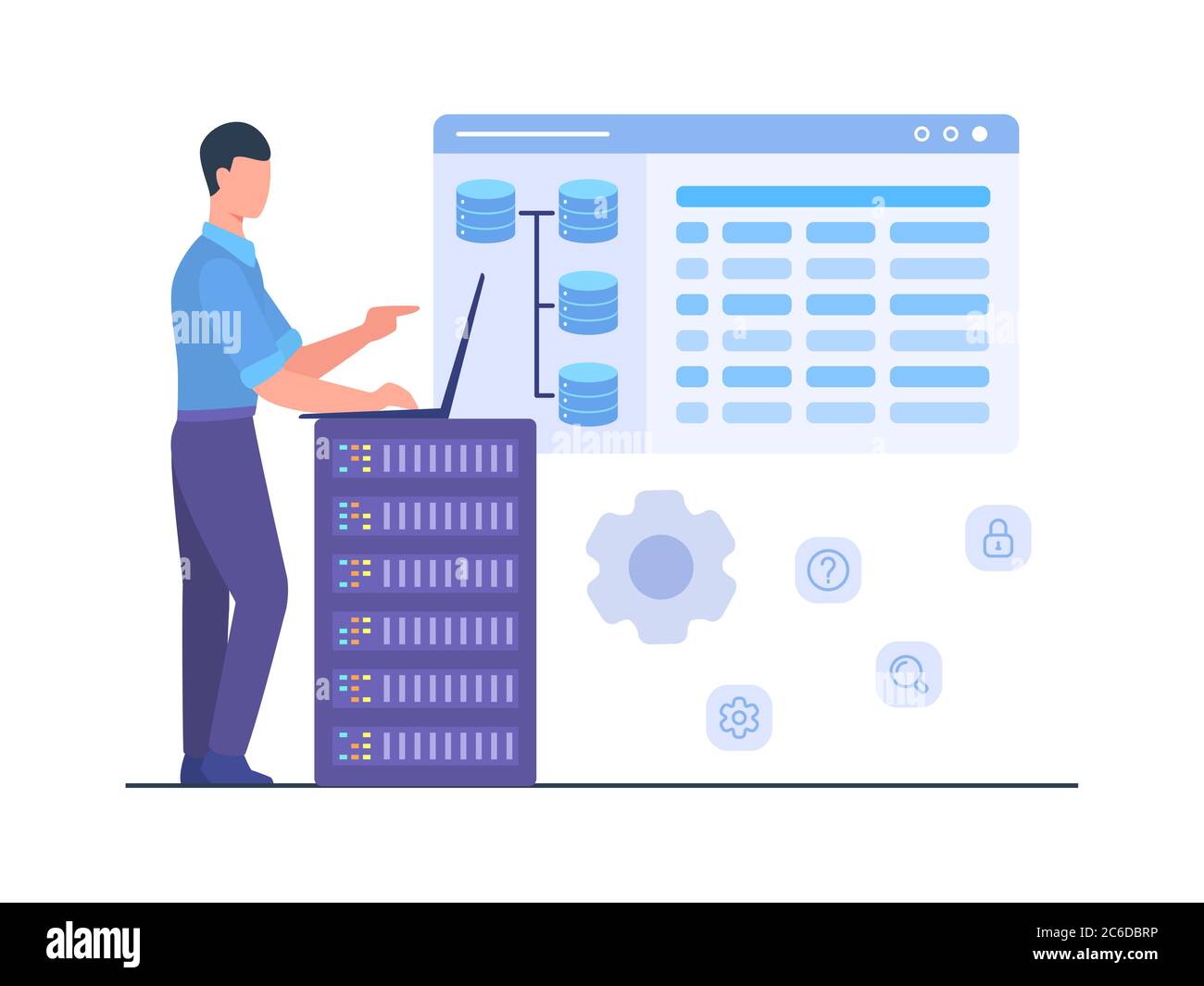 Man engineer stand work on laptop maintenance database server service ...
