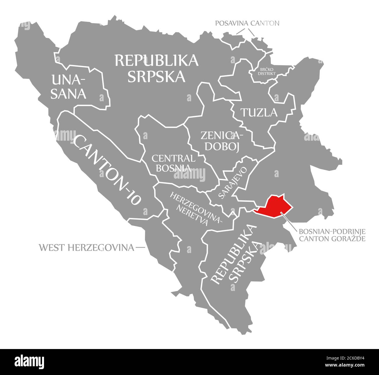 Bosnian Podrinje Canton Gorazde red highlighted in map of Bosnia and ...