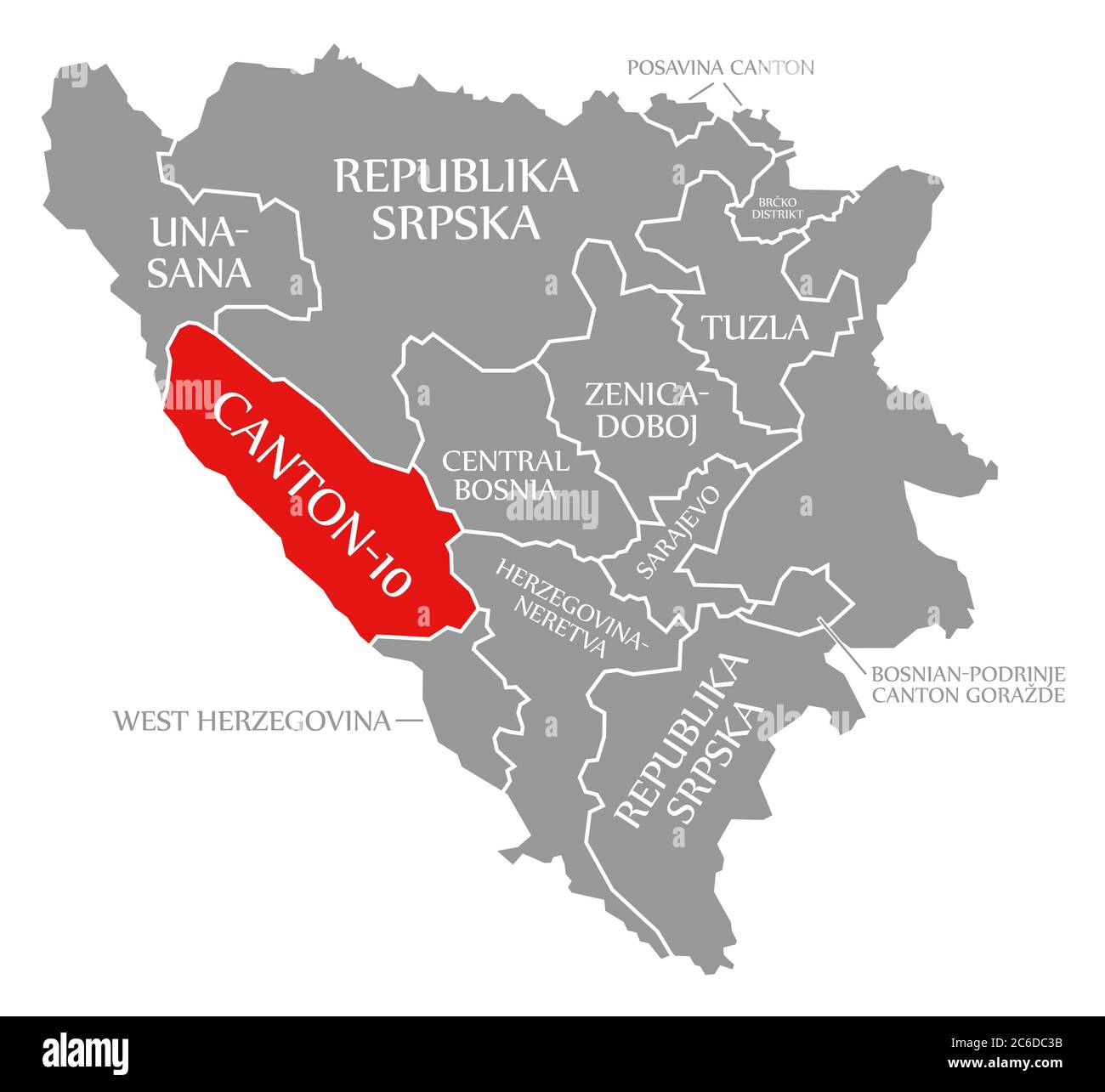 Canton 10 red highlighted in map of Bosnia and Herzegovina Stock Photo ...