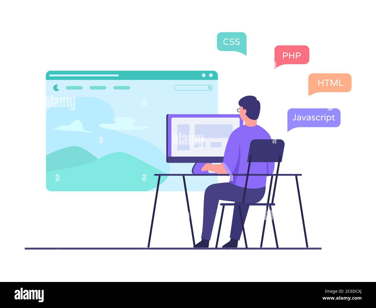 An Developer Sit In Chair Working On Computer Create Website Application Using Programming