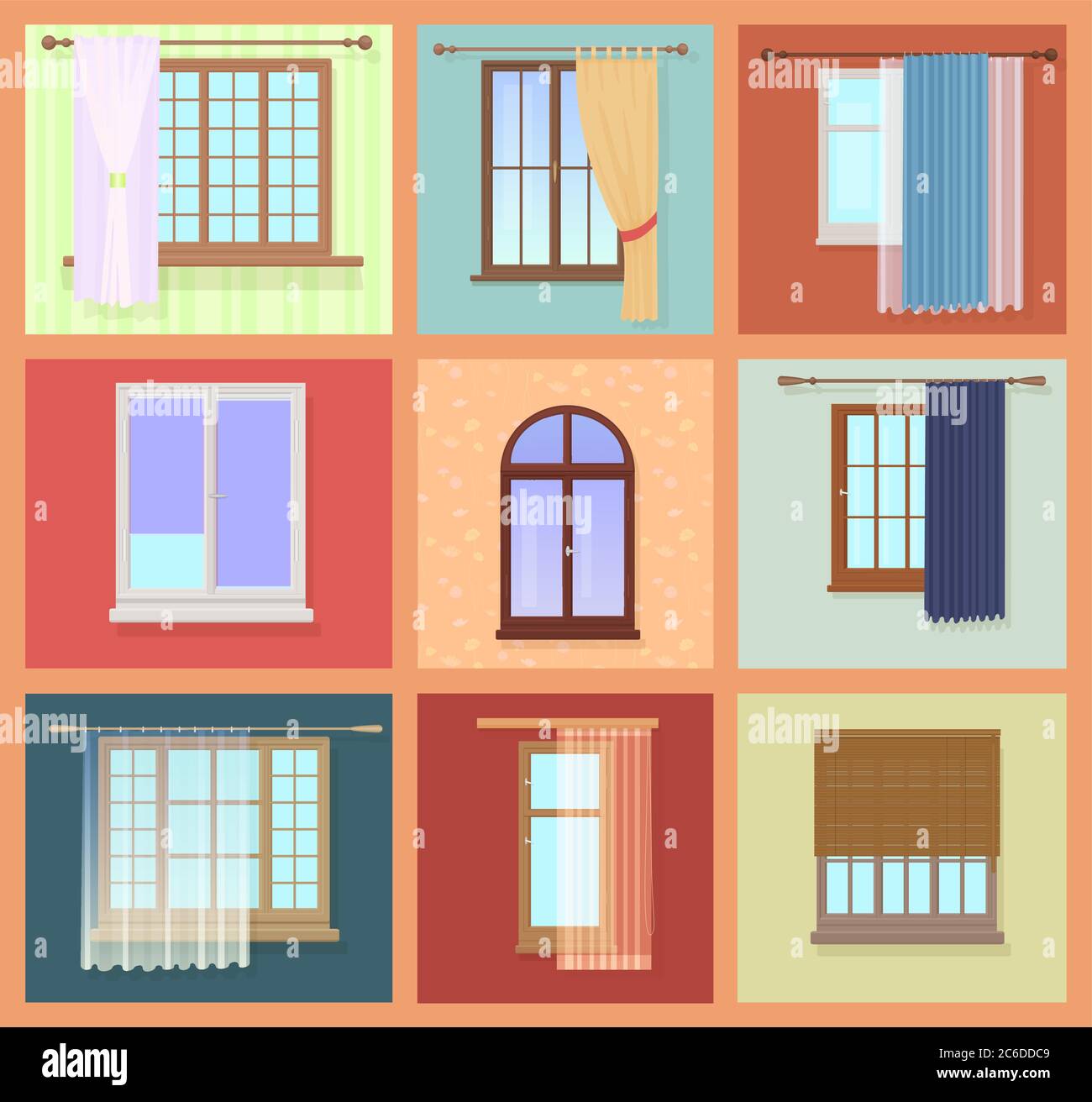 Set of high quality various Vintage Windows with curtains. Vector ...