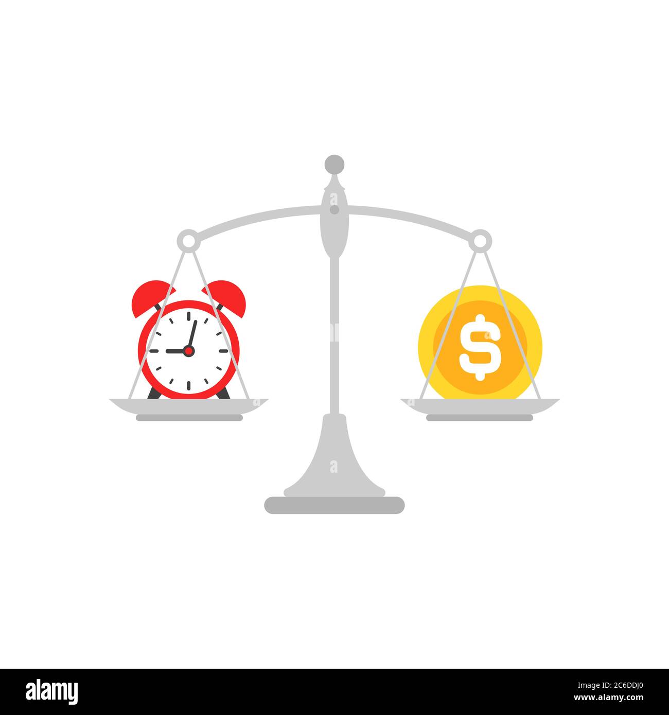 grey mechanical scales with dollar coin and alarm clock in pans. Time ...