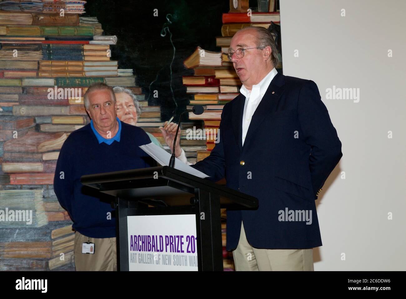 Artist Tim Storrier (R) speaks after being announcement as the 2014 ...