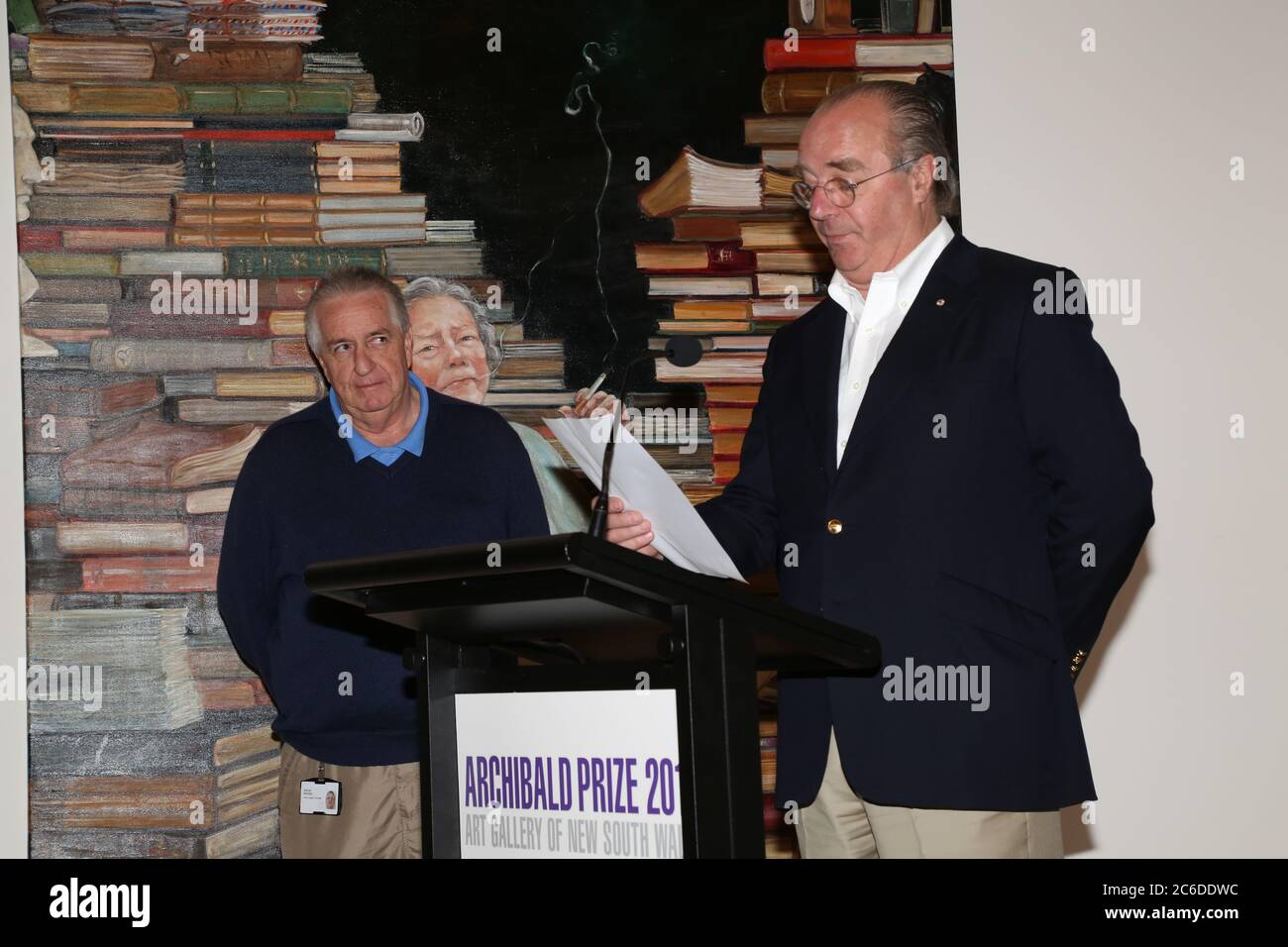 Artist Tim Storrier (R) speaks after being announcement as the 2014 ...