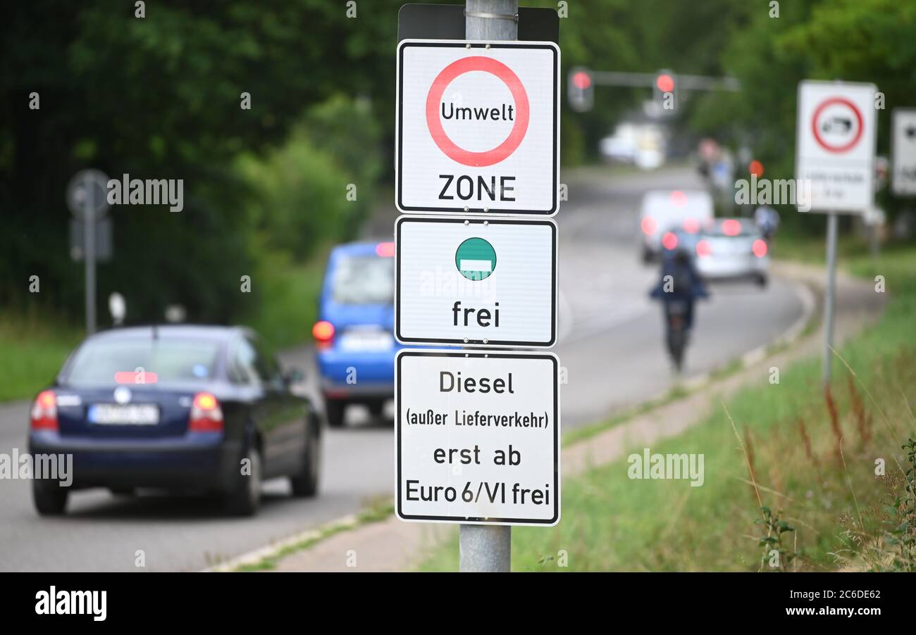Stuttgart, Germany. 09th July, 2020. A sign indicating a driving ban ...